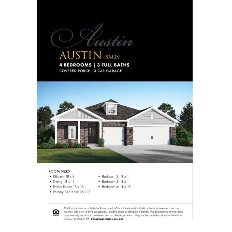 Austin 5M2V Floorplan Details - Valor Communities New Homes for Sale