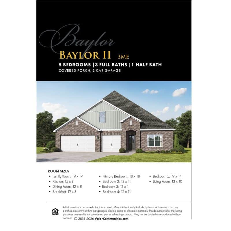 Baylor II 3-ME Floorplan Details - Valor Communities New Homes for Sale